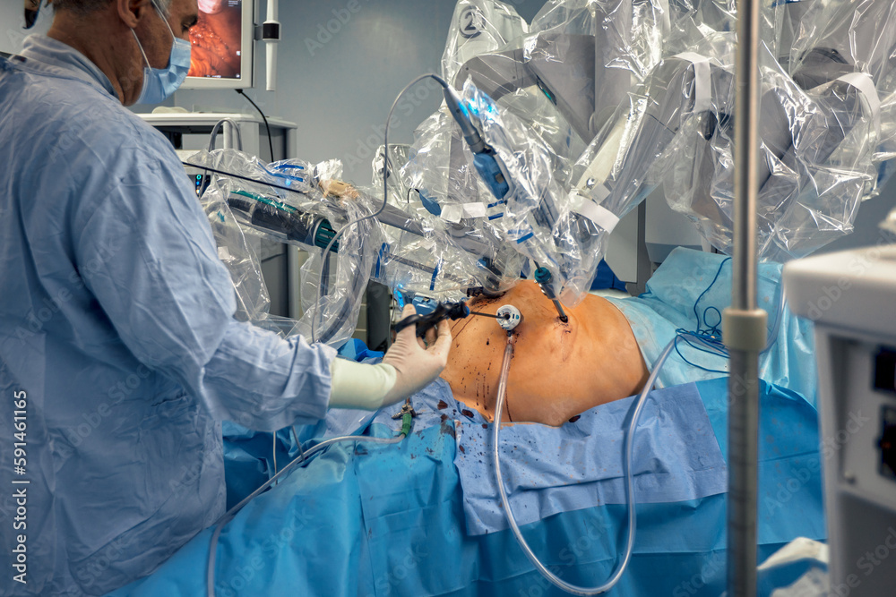Plakat Surgical system with minimally invasive robot in a hospital. Robotic technological ...