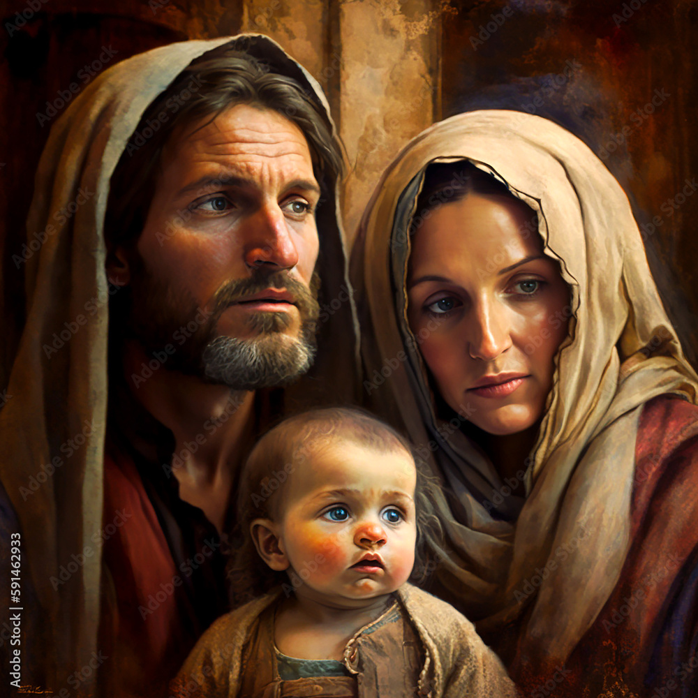 Little Jesus Christ and the holy family. AI generativ. Stock ...