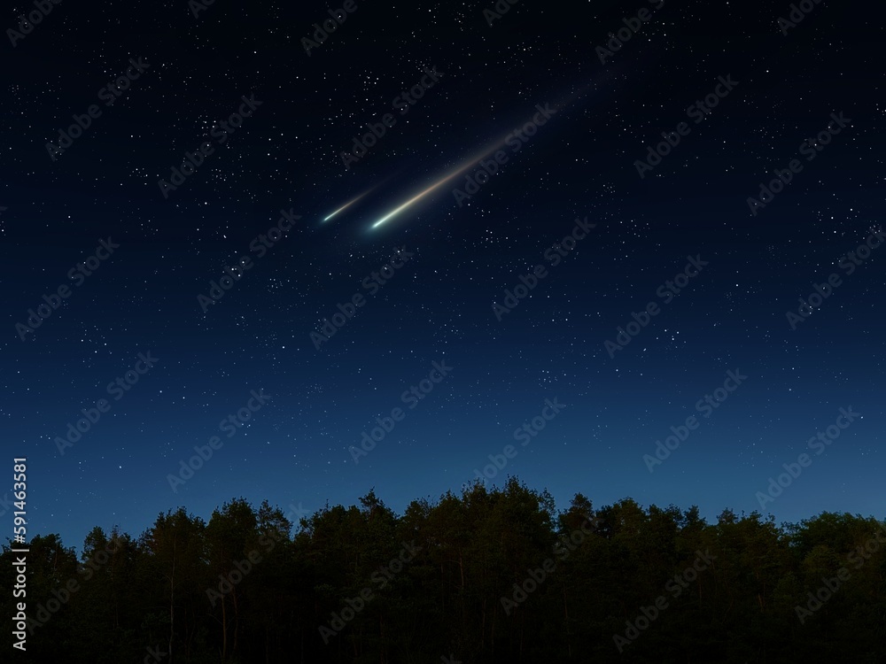 Beautiful meteors in the night sky over the forest. Night landscape ...