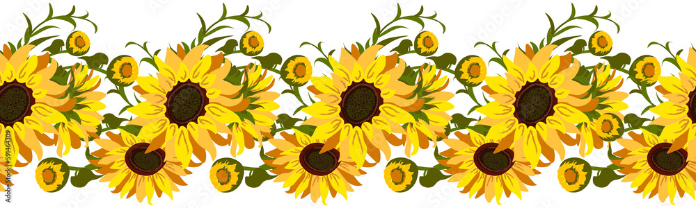 Sunflower Border. Vector horizontal seamless border with yellow ...