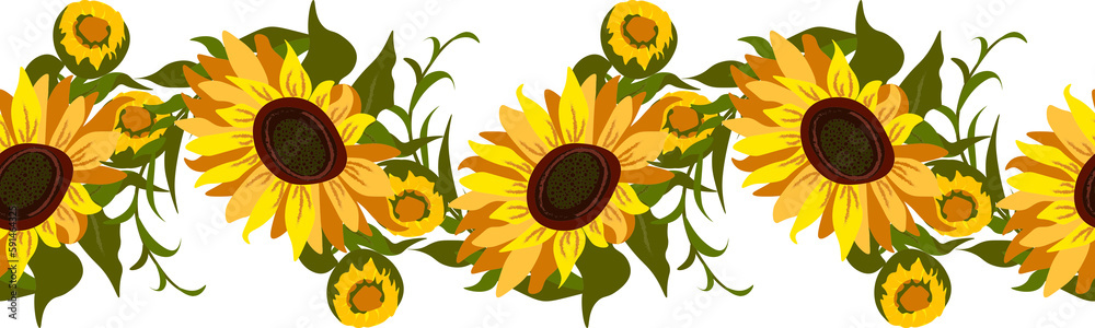 Sunflower Border. Vector horizontal seamless border with yellow ...