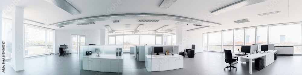 Panoramic image of a modern office interior, showcasing sleek glass ...