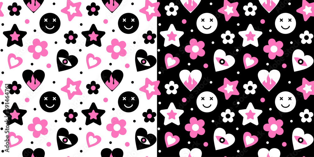Set of seamless Emo Pattern. Vector illustration. Gothic romantic ...