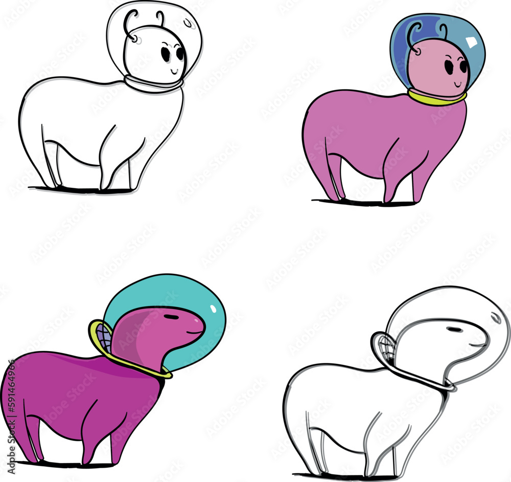 Four alien animals in two versions - color and line art. On the heads ...