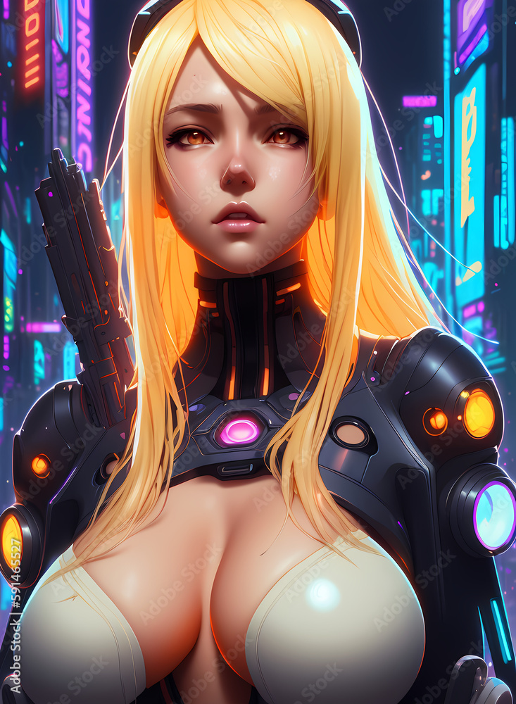 Sexy Android Girl in a black Suit with blonde Hair in a Noir Cyberpunk City, neon Signs at Night ...