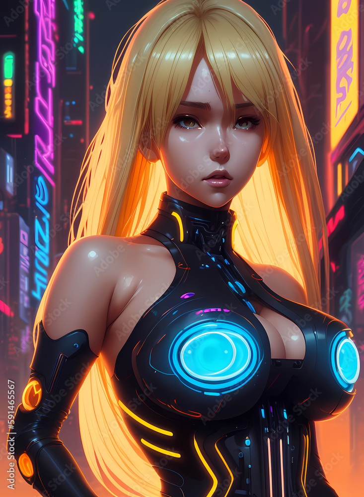 Sexy Android Girl In A Black Suit With Blonde Hair In A Noir Cyberpunk