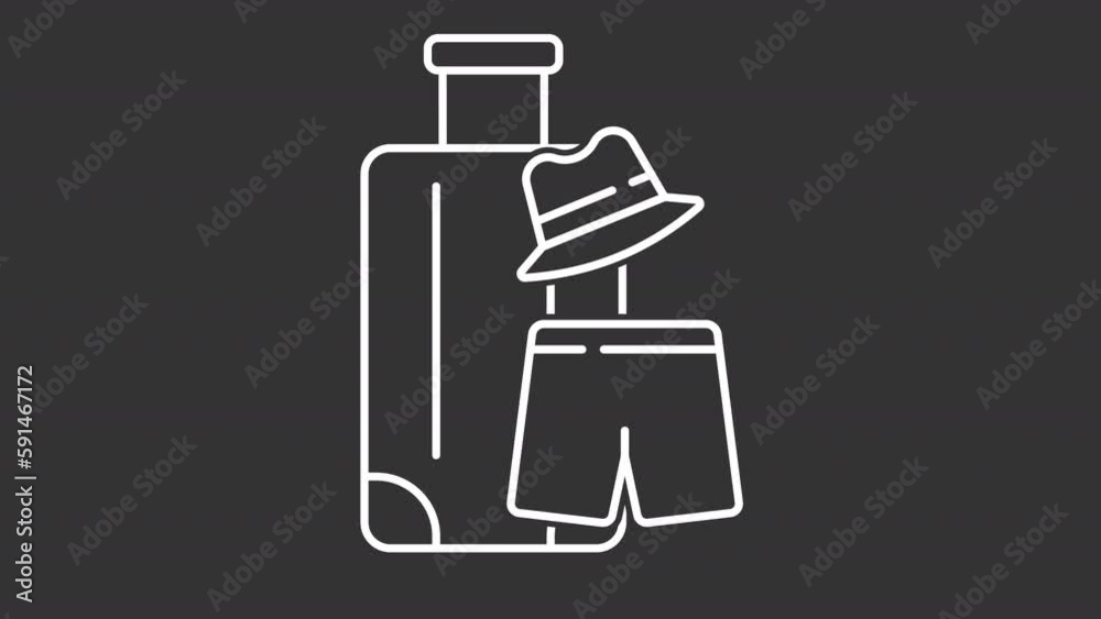 Party trip white line animation. Luggage bag and beach swimsuit ...