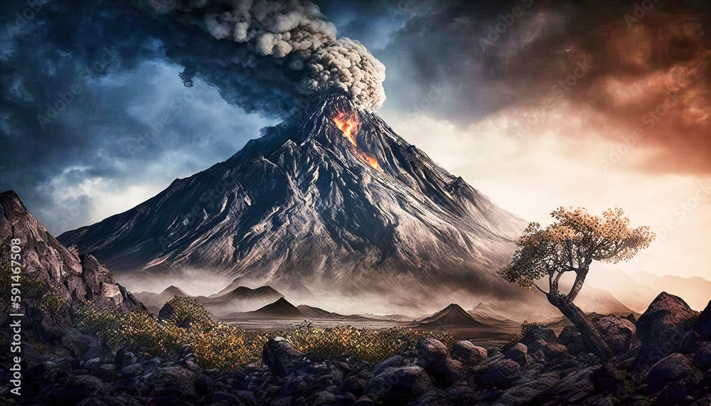 An ancient volcano in a parched landscape with an acacia tree emits ...