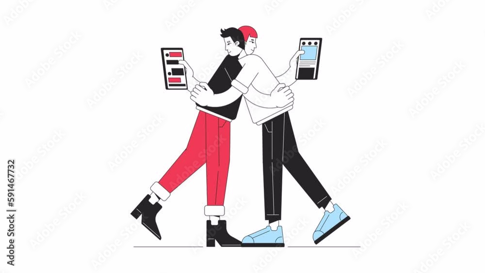 Partner phubbing animation. Animated couple hugging with phones 2D ...