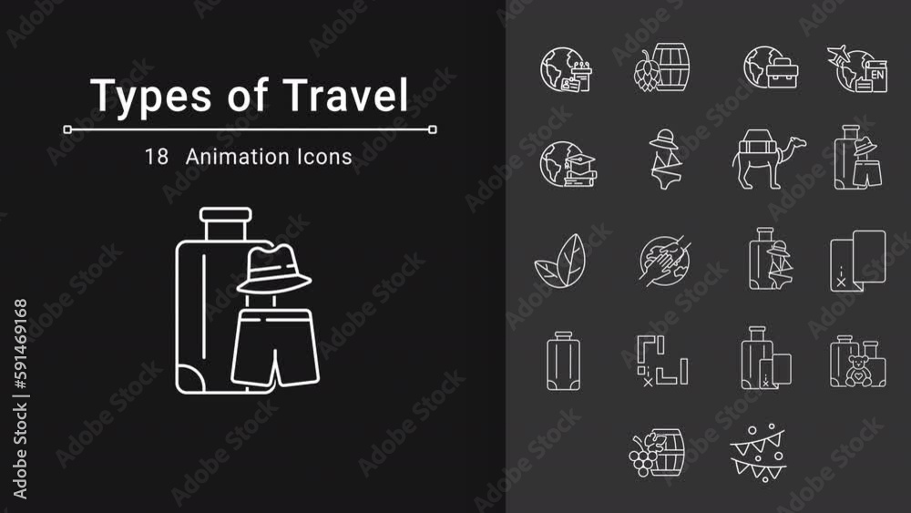 Types of travel white line animation. Flying abroad. Business trip ...