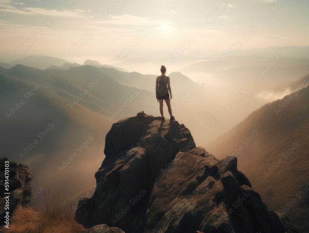 A woman standing tall and confident on top of a mountain peak Stock ...