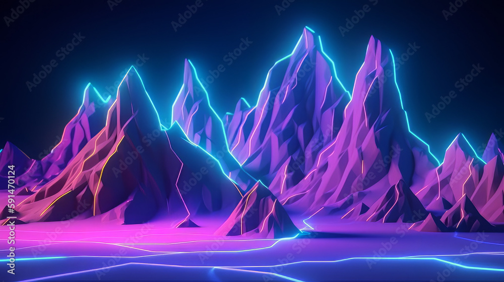 3d render. Abstract neon background. Fantastic landscape with glowing ...
