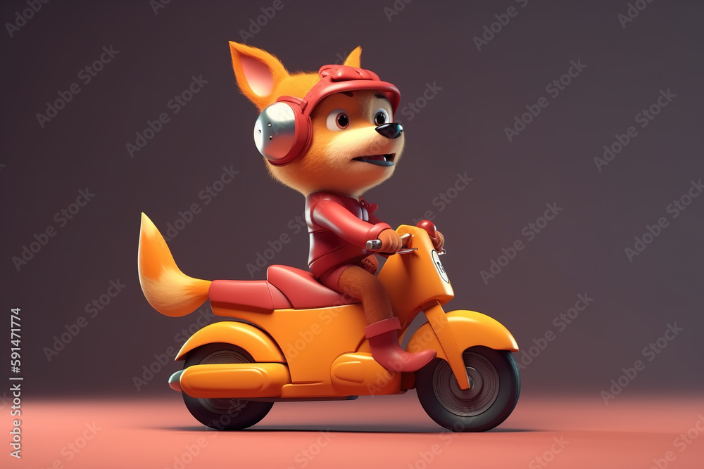 Funny fox in headphones driving a scooter, cute wild pet on a moped ...