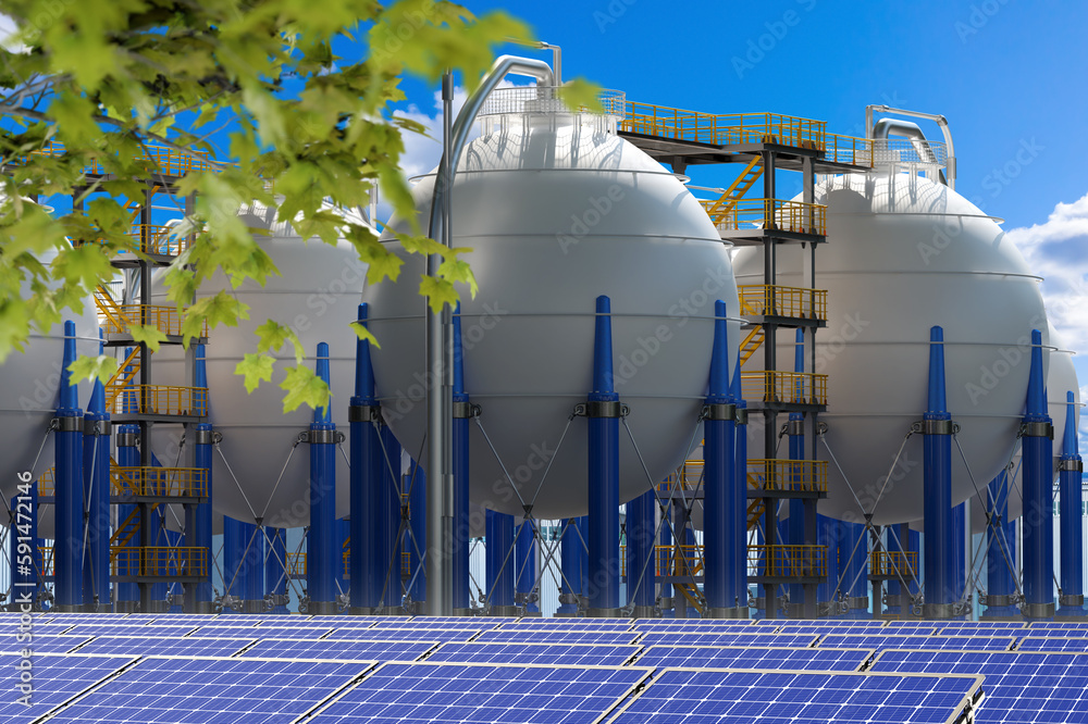 High tech power plant. Solar panels. Liquefied gas tanks. Power plant ...