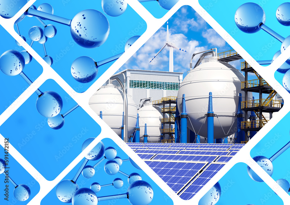 Factory for production of hydrogen. Ecological energy. H2 molecules ...