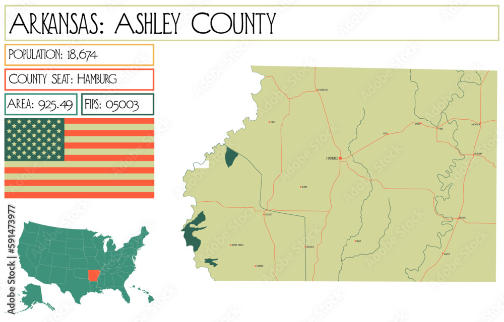 Large and detailed map of Ashley County in Arkansas, USA. Stock Vector ...