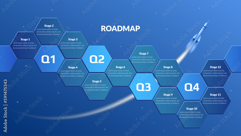 Vecteur Stock Horizontal roadmap with honeycombs and space rocket on ...