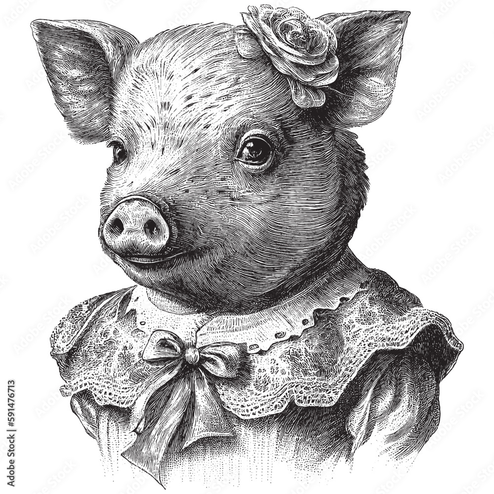 Hand Drawn Engraving Pen and Ink Pig Portrait Dressed in Victorian Era ...