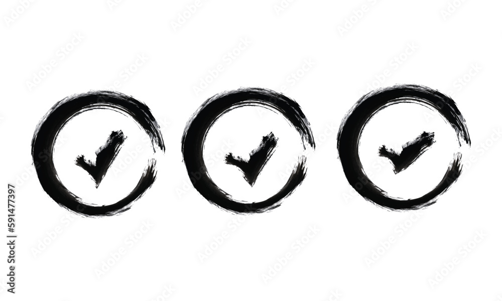 Circle tick checks mark paint brush stroke. A set of circles with ticks ...