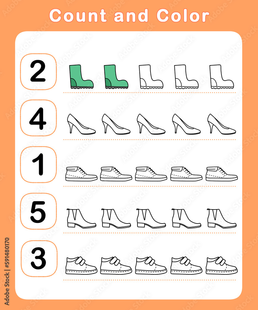 Count and color educational children activity with cute shoes ...