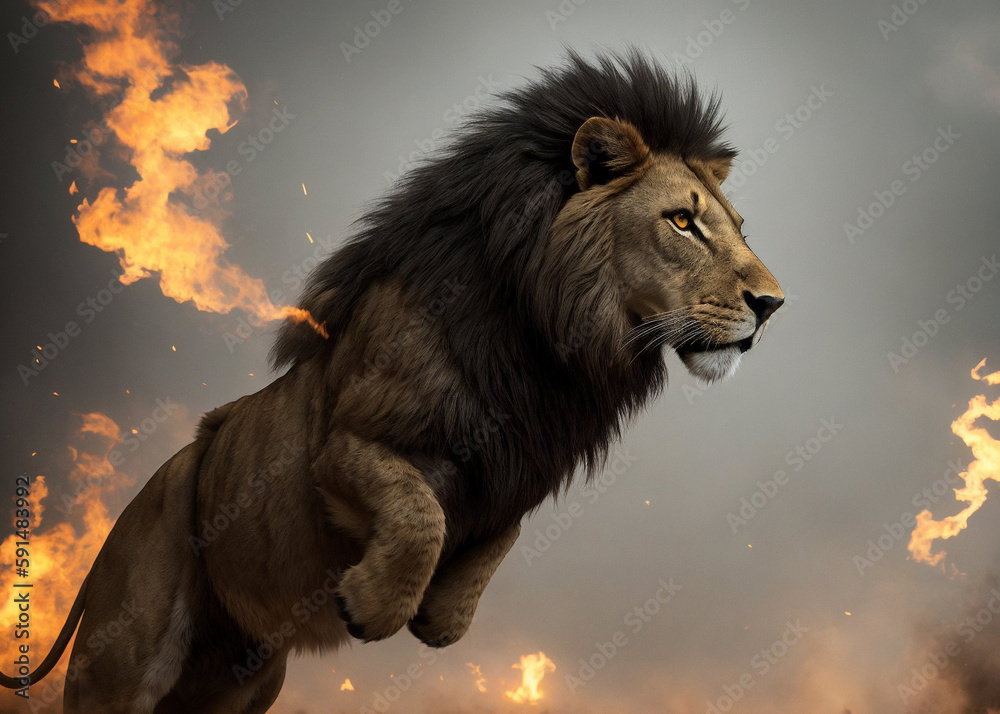Powerful lion in the burning smoky savannah, in ruins. Generated by ...