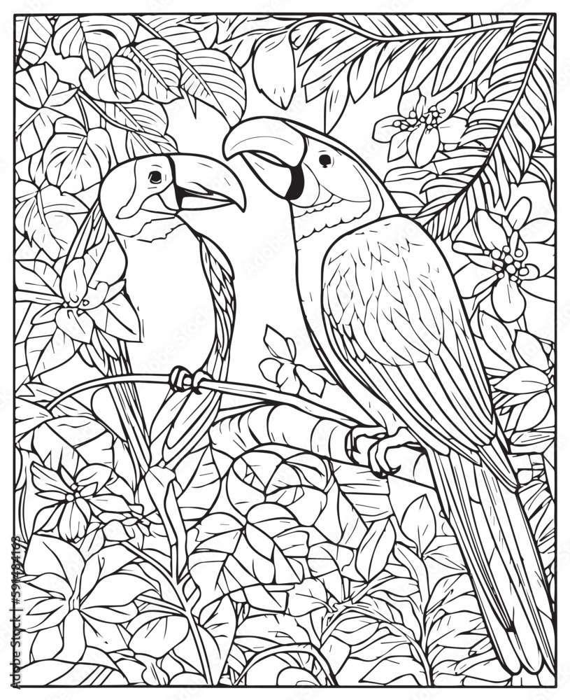 Hand drawn vector coloring page of birds on a branch. Coloring page for ...