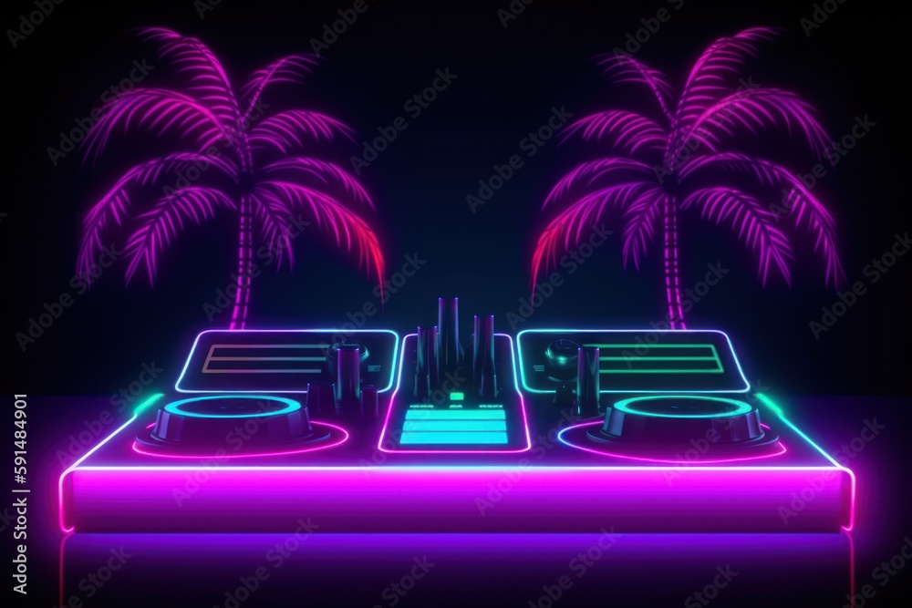 Tropical Neon Dj Illustration with Palm Trees in the Background Stock ...