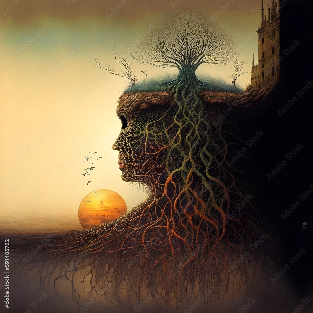 painted by zdzislaw beksinski of roots of plants and many centipedes in ...
