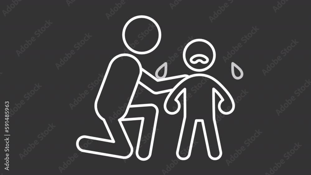 Calm crying kid white line animation. Parent helping toddler calm down ...