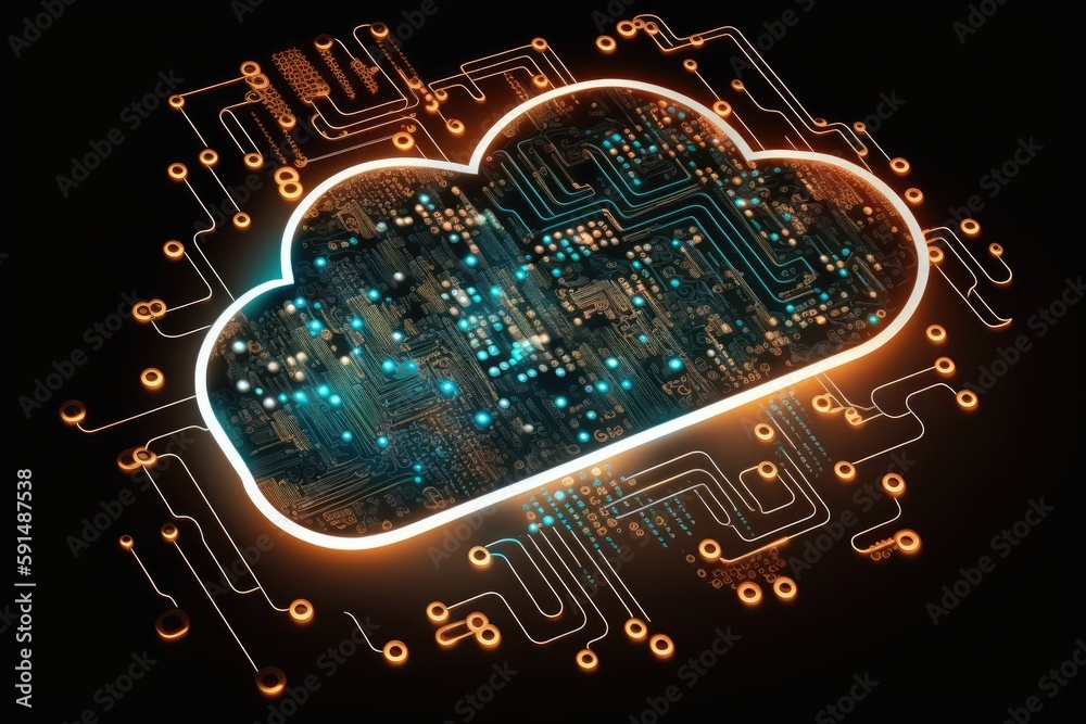 Cloud on digital glow light computer circuit board background, micro ...