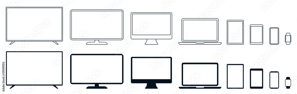 Set technology line devices icon: TV monitor, computer, laptop, tablet ...