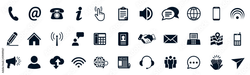 Set contact icons, collection communication contact signs - stock ...