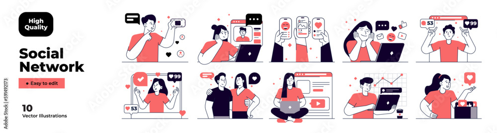 Social Media Network illustrations. Mega set. Collection of scenes with ...