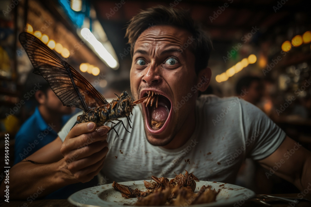 abstract, a man eats insects, fictional insect species, disgusted ...