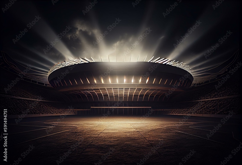 empty soccer stadium 3D in light rays at night render. Generative AI ...