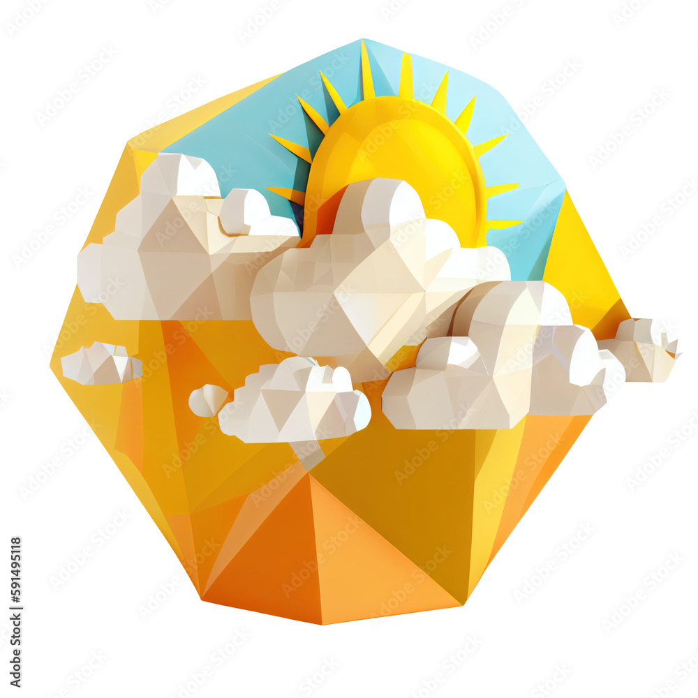 meteorology symbols sun and clouds weather overcast low poly, 3d icon ...