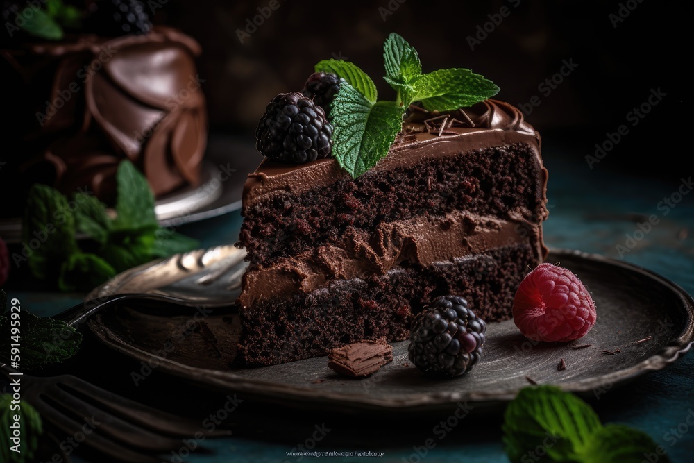 Tasty homemade dark chocolate cake with dark background. Generative AI ...