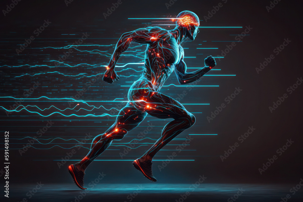 The man runs in motion. human brain and body. glowing Green lines ...