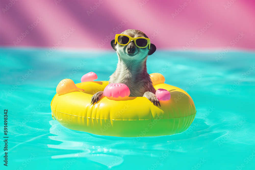 Cute meerkat chilling on an inflatable pool float in a swimming pool ...
