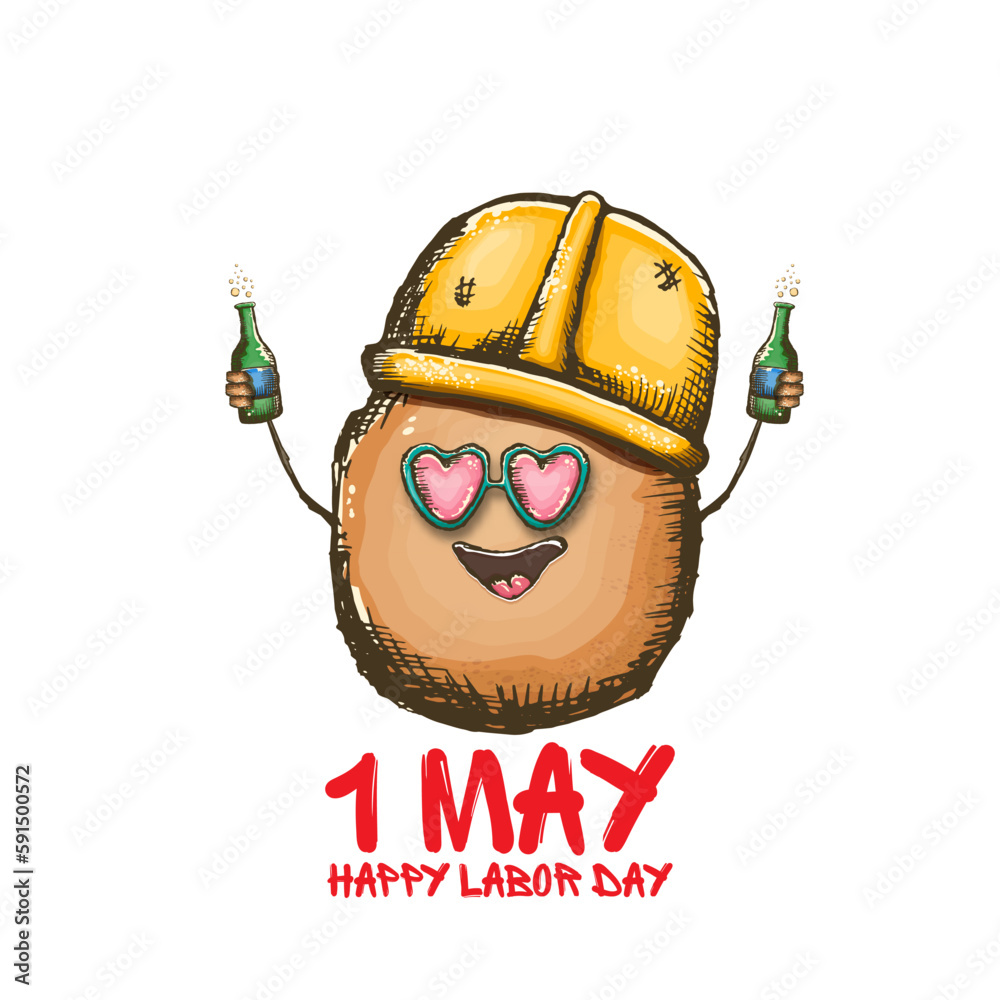 1 may labor day banner with cartoon funky labor potato character with ...