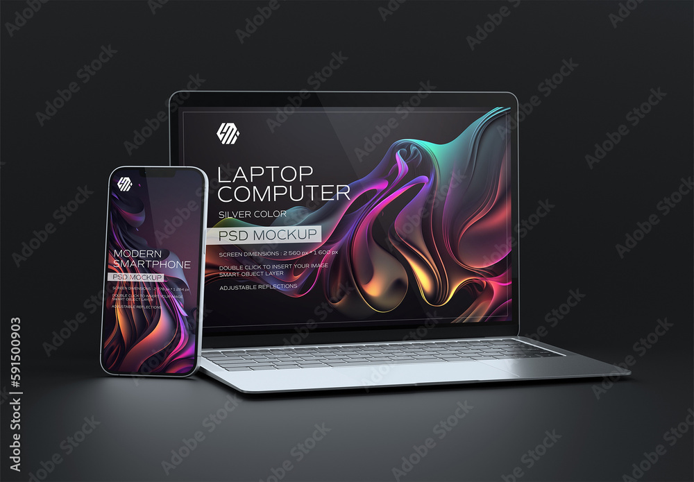 Smartphone and Laptop Mockup on Dark Background Stock Template | Adobe Stock