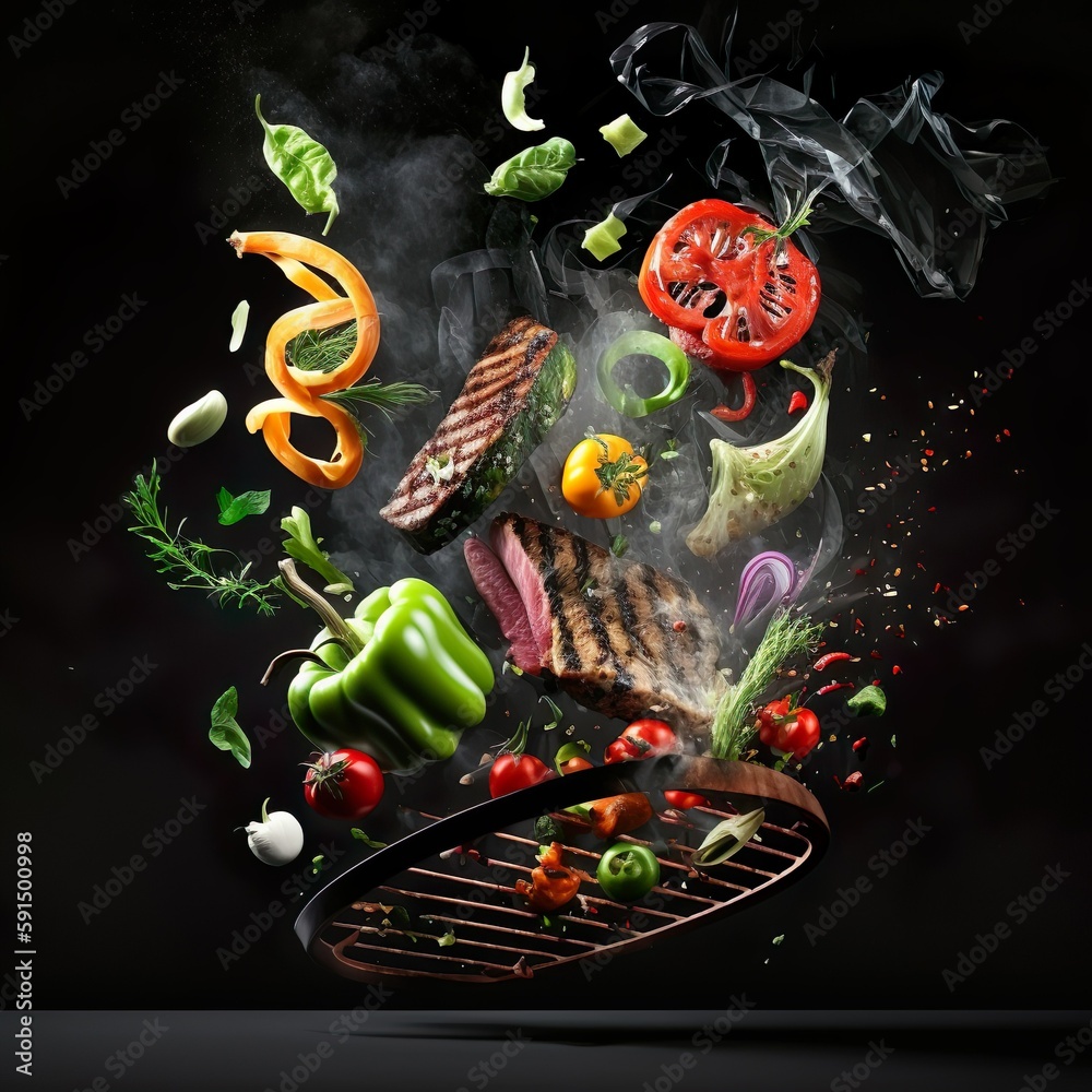 Stockillustratie Cooking vegetables and meat on the grill. Food flies ...