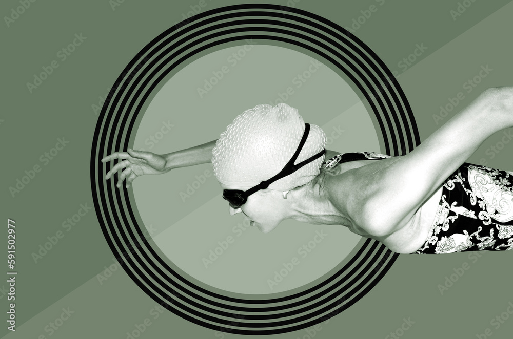 Collage art with young attractive woman in swim suit and swim hat Stock ...