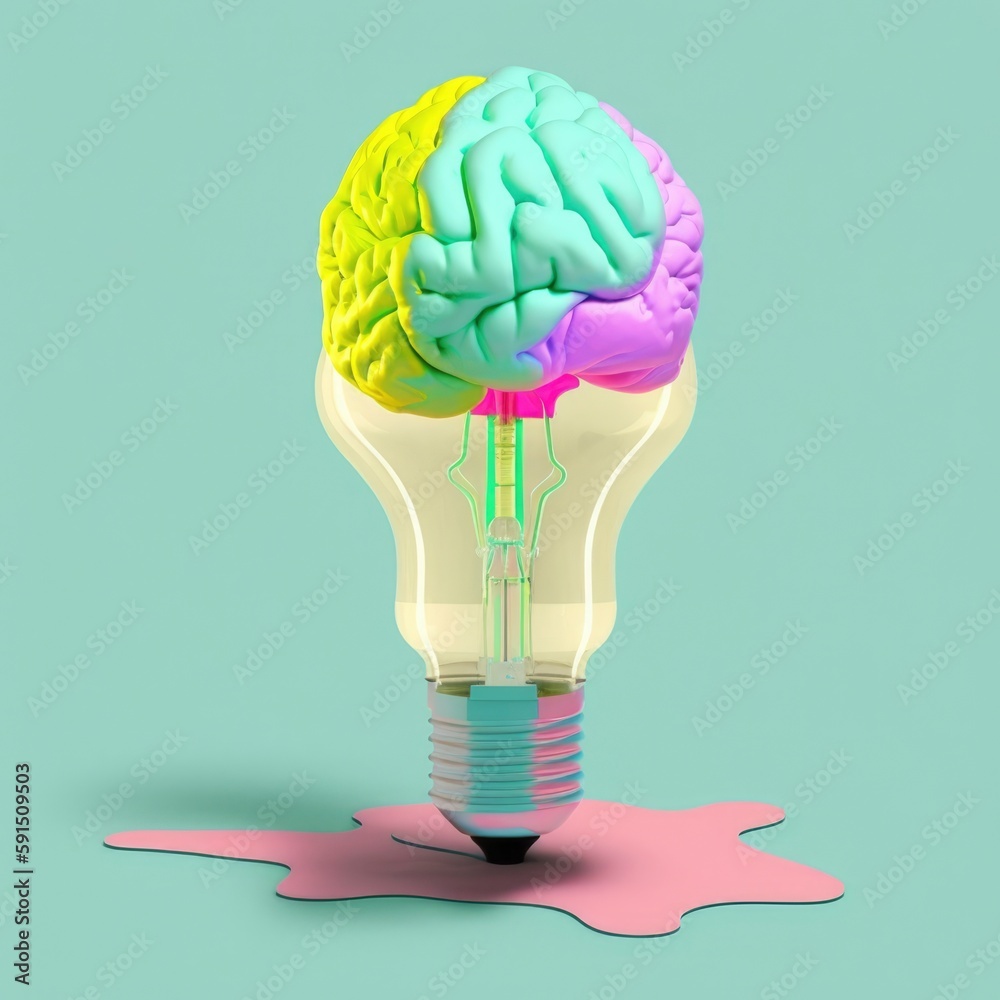 Brain in light bulb radial melting illustration, logical thinking ...