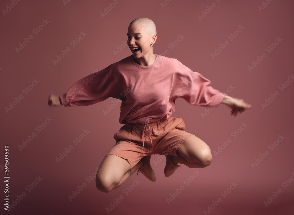 Full body of young bald woman in trendy outfit performing dance against ...