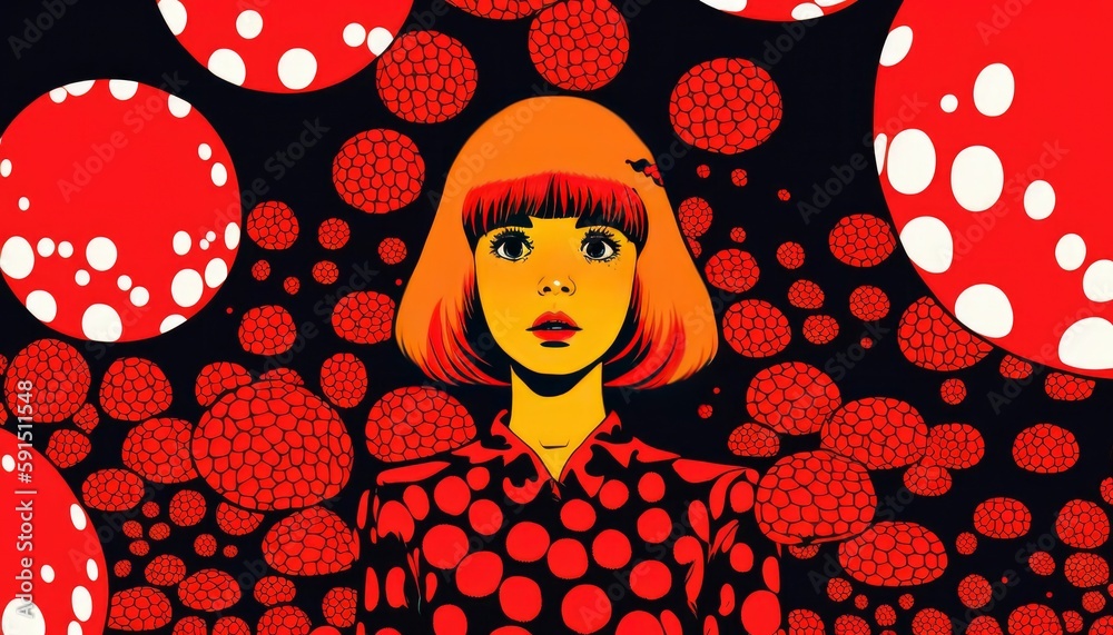 illustrated red head girl surrounded by hallucinogenic mushrooms, vivid ...