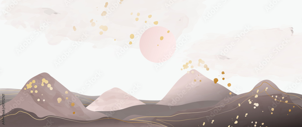 Luxurious mountain gold wallpaper design with scenic landscape. Vector ...