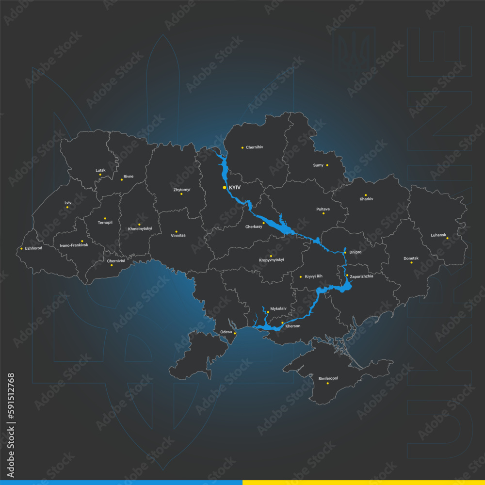 Map of Ukraine with regions and cities in dark colors. Ukrainian ...