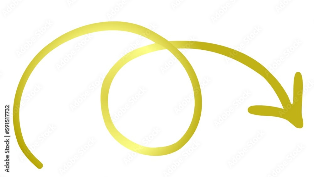 Animated symbol of arrow with loop. Hand drawn golden arrow points to ...