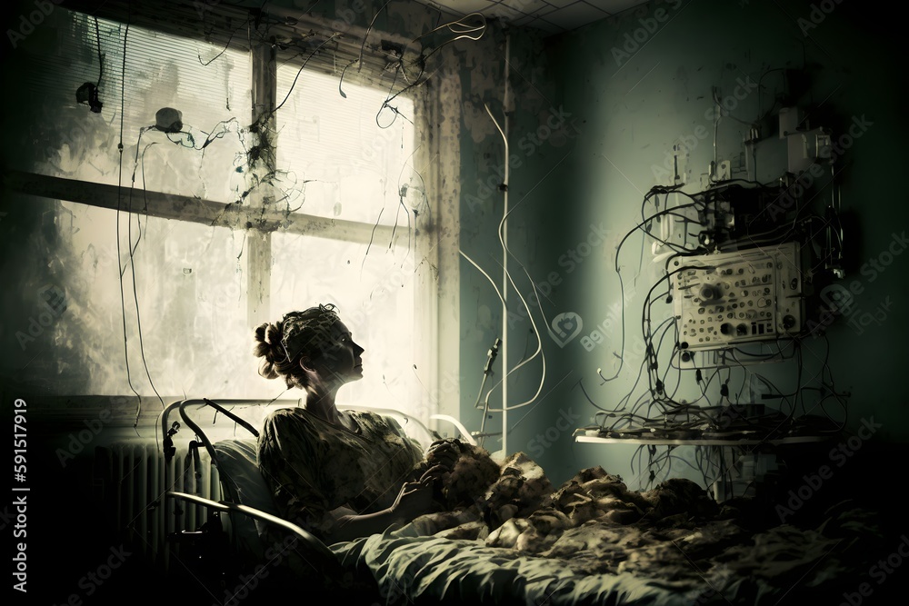 disfigured woman in stained hospital bed attached to ominous medical ...